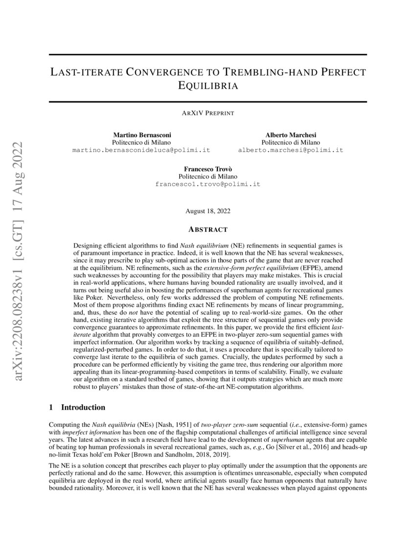 Last-iterate Convergence to Trembling-hand Perfect Equilibria | DeepAI