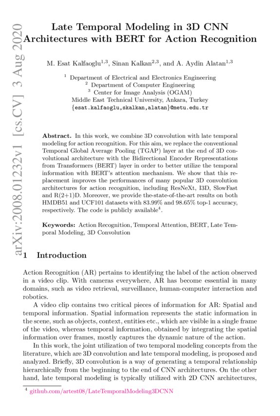Late Temporal Modeling in 3D CNN Architectures with BERT for Action Recognition | DeepAI