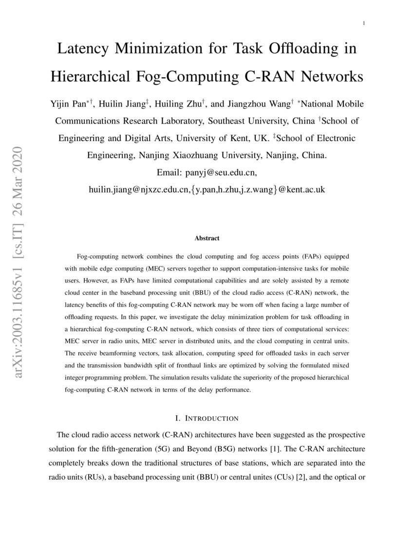 Latency Minimization For Task Offloading In Hierarchical Fog Computing C Ran Networks Deepai 4546