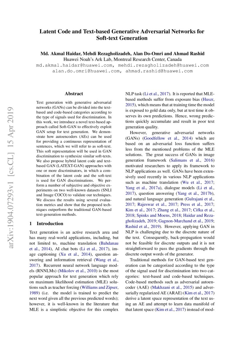 Latent Code And Text Based Generative Adversarial Networks For Soft Text Generation Deepai