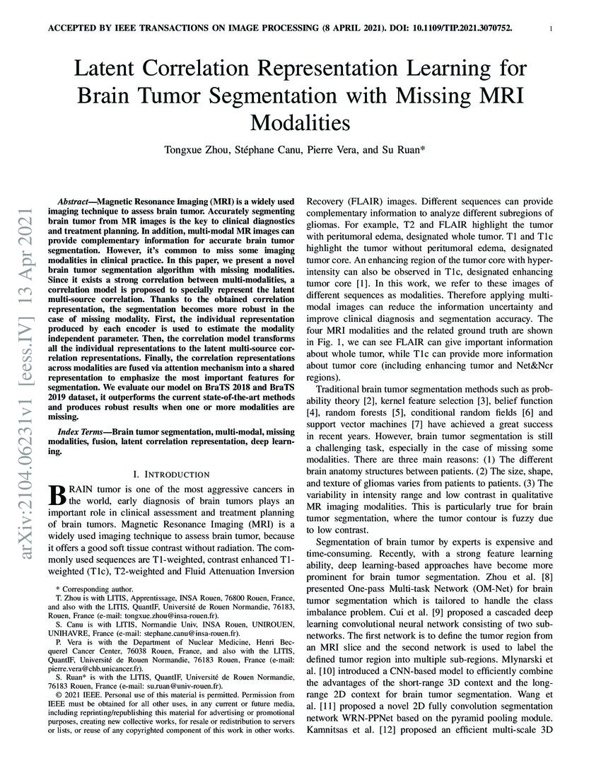 Latent Correlation Representation Learning for Brain Tumor Segmentation with Missing MRI ...