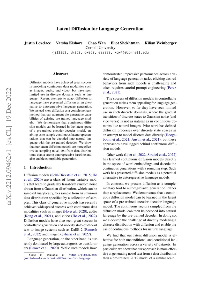 Latent Diffusion for Language Generation | DeepAI