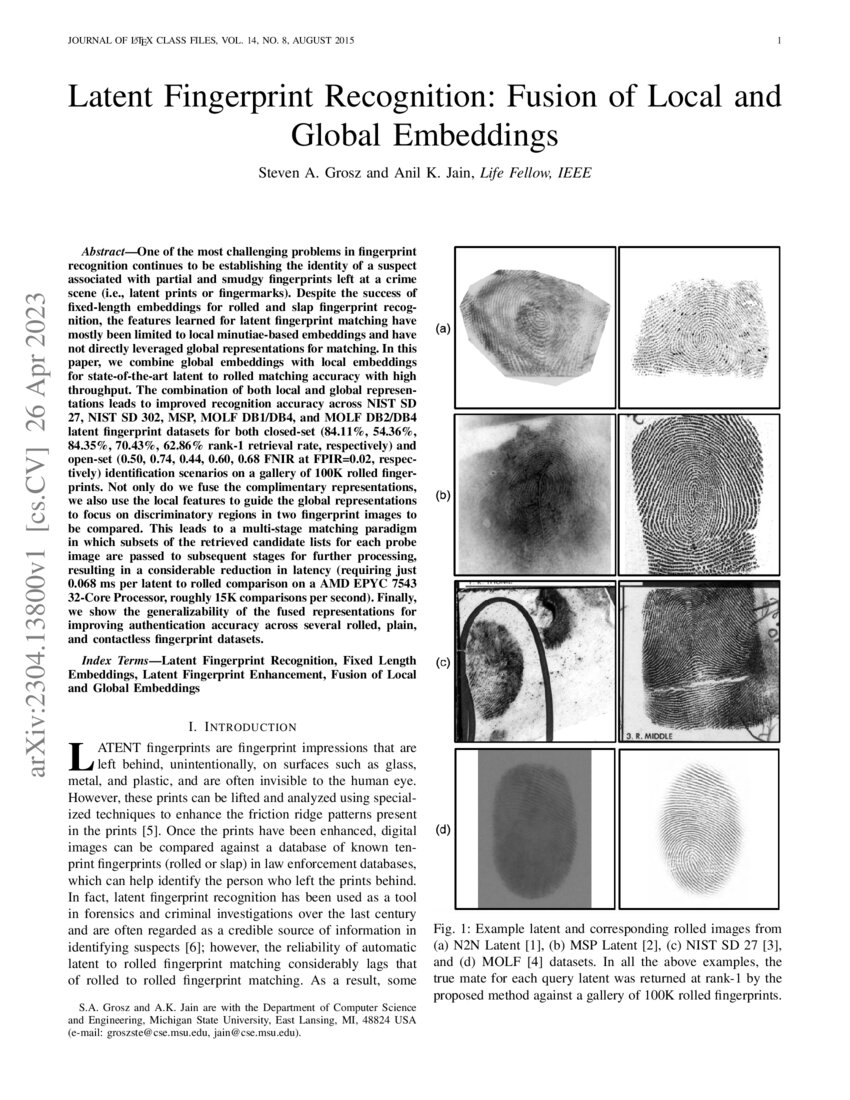 Latent Fingerprint Recognition Fusion Of Local And Global Embeddings