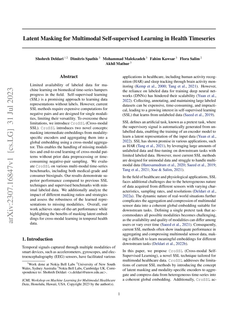 Latent Masking For Multimodal Self Supervised Learning In Health