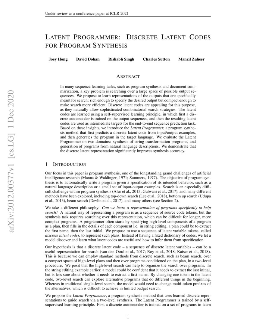 Latent Programmer: Discrete Latent Codes for Program Synthesis | DeepAI