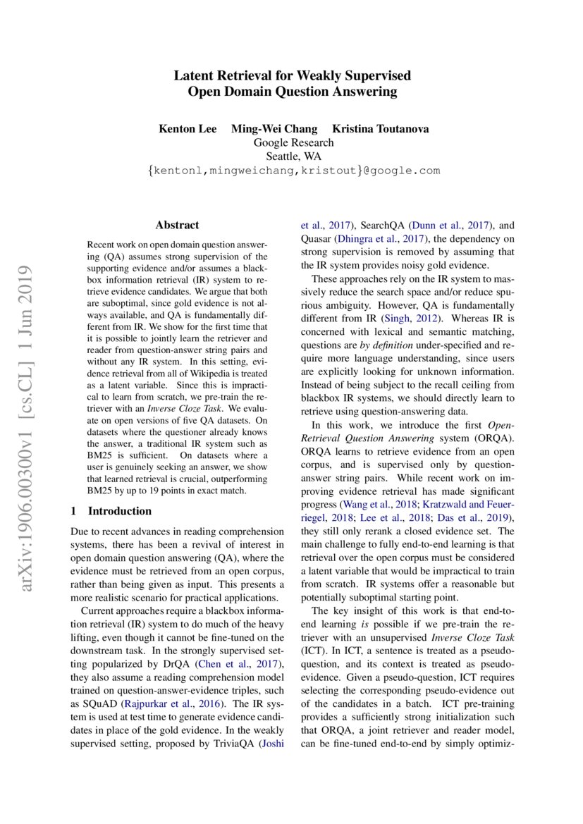 Latent Retrieval for Weakly Supervised Open Domain Question Answering | DeepAI