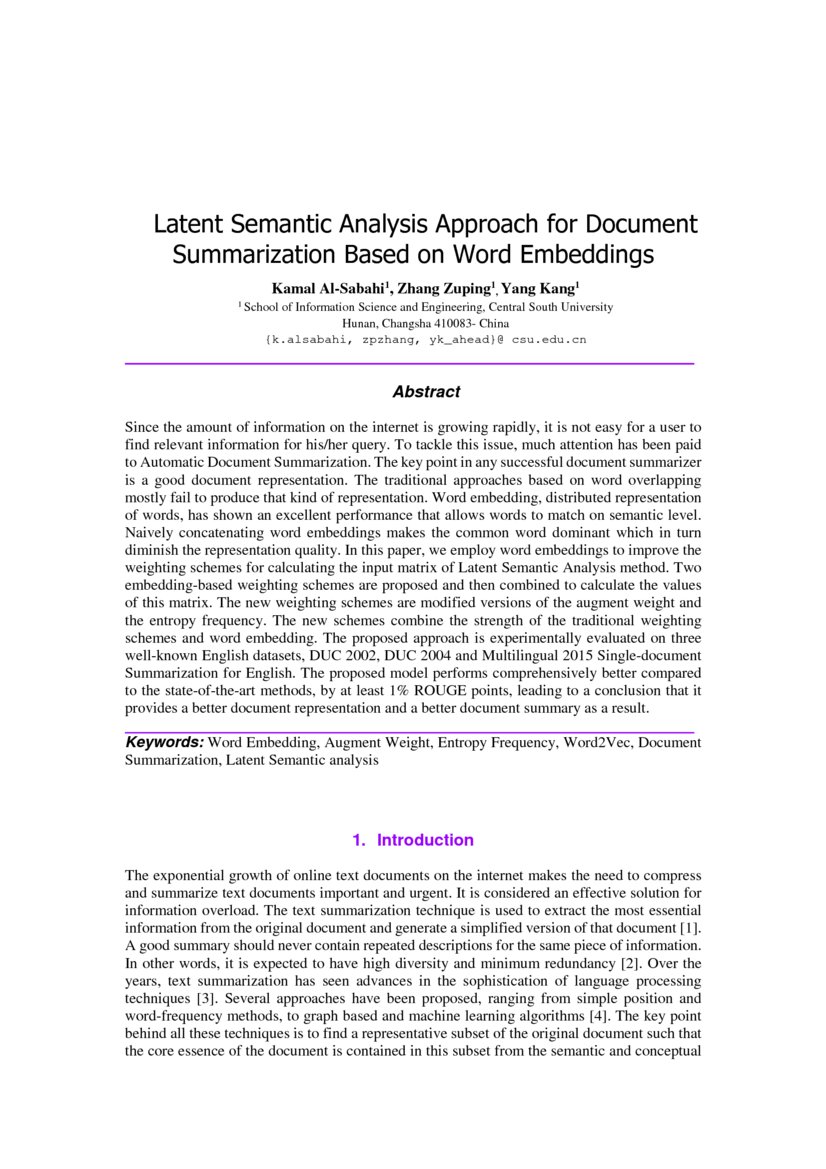 Latent Semantic Analysis Approach For Document Summarization Based On Word Embeddings Deepai