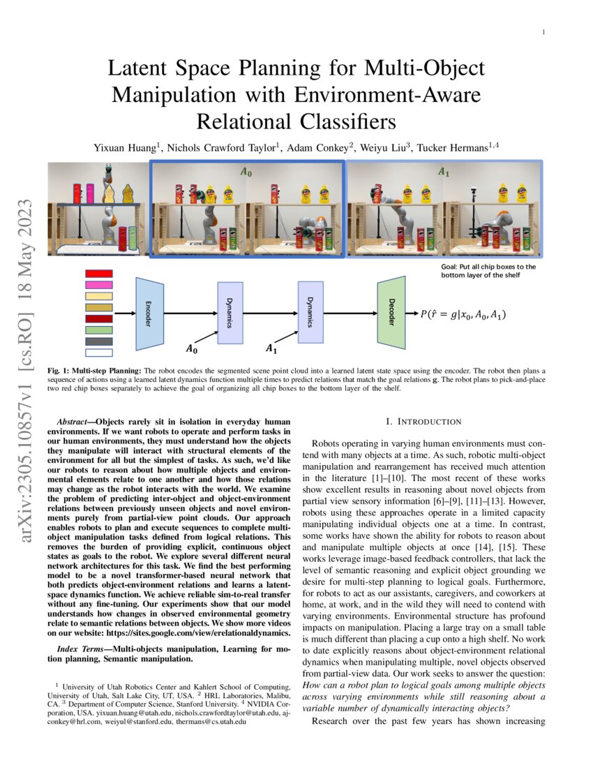 Latent Space Planning For Multi Object Manipulation With Environment Aware Relational