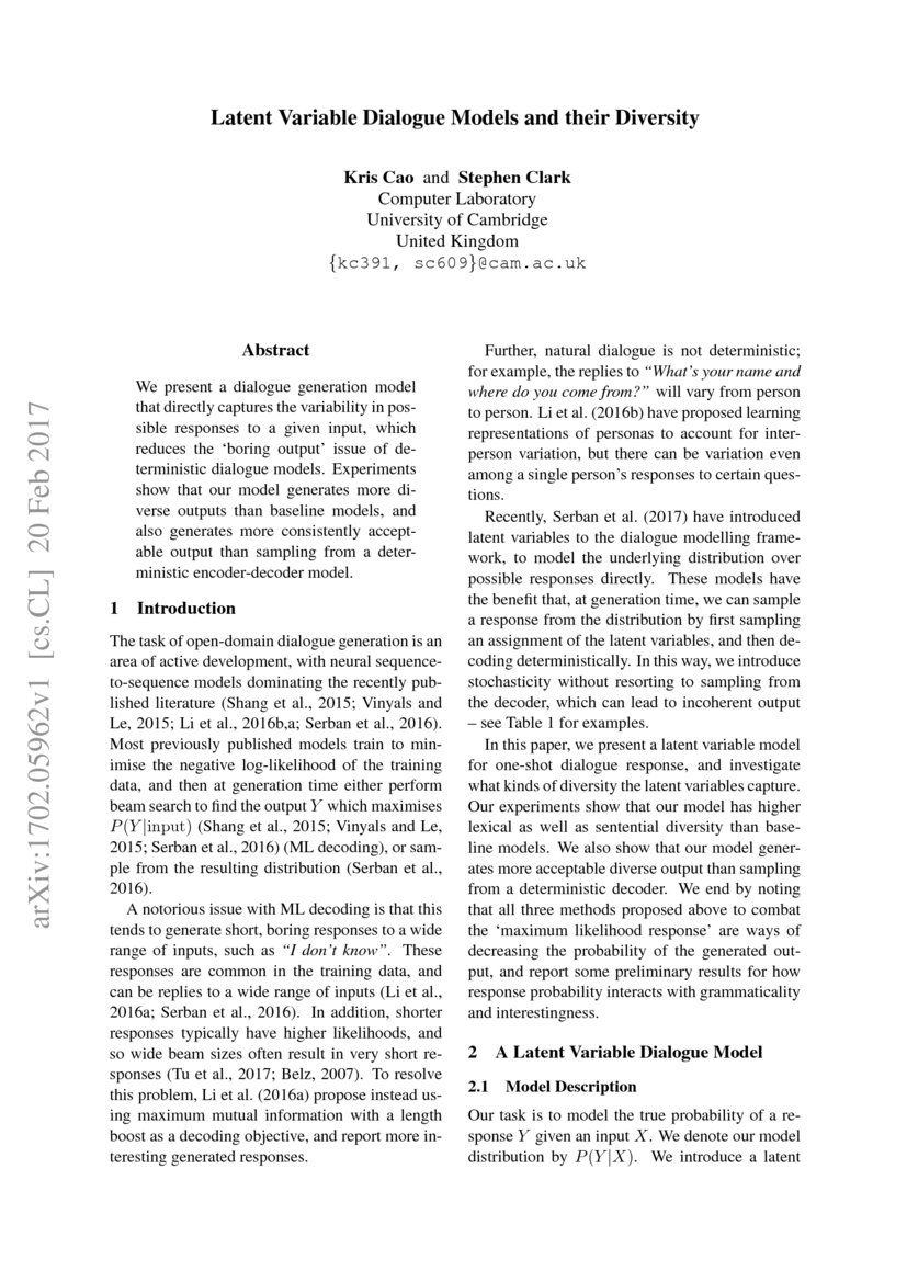 Latent Variable Dialogue Models and their Diversity | DeepAI