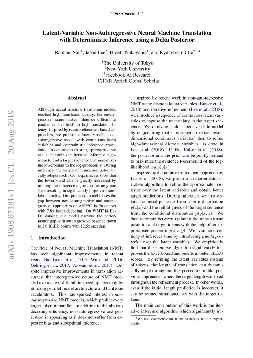 Latent Variable Non Autoregressive Neural Machine Translation With Deterministic Inference Using