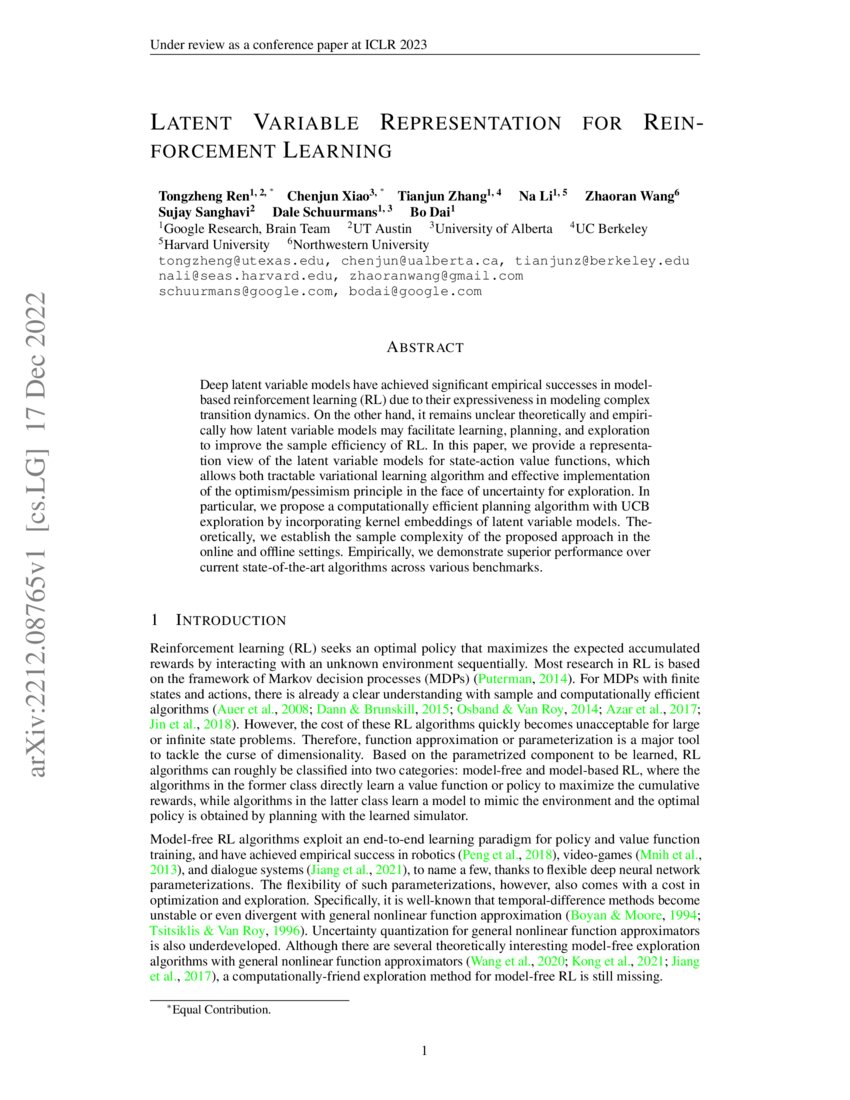 Latent Variable Representation For Reinforcement Learning Deepai