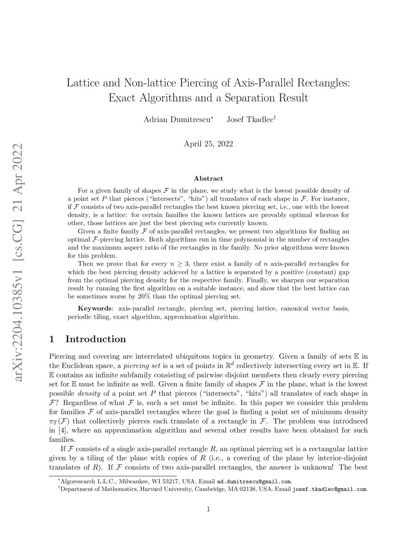 Lattice And Non Lattice Piercing Of Axis Parallel Rectangles Exact Algorithms And A Separation