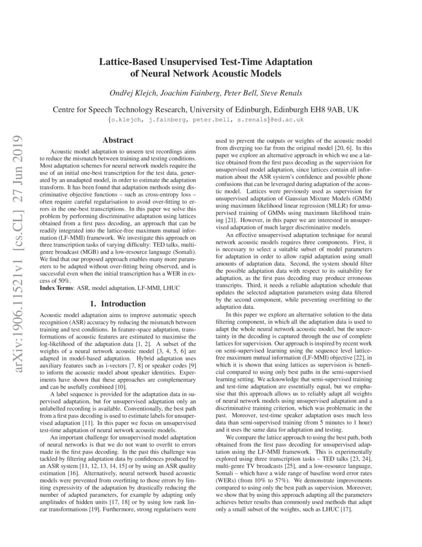 Lattice Based Unsupervised Test Time Adaptation Of Neural Network Acoustic Models Deepai
