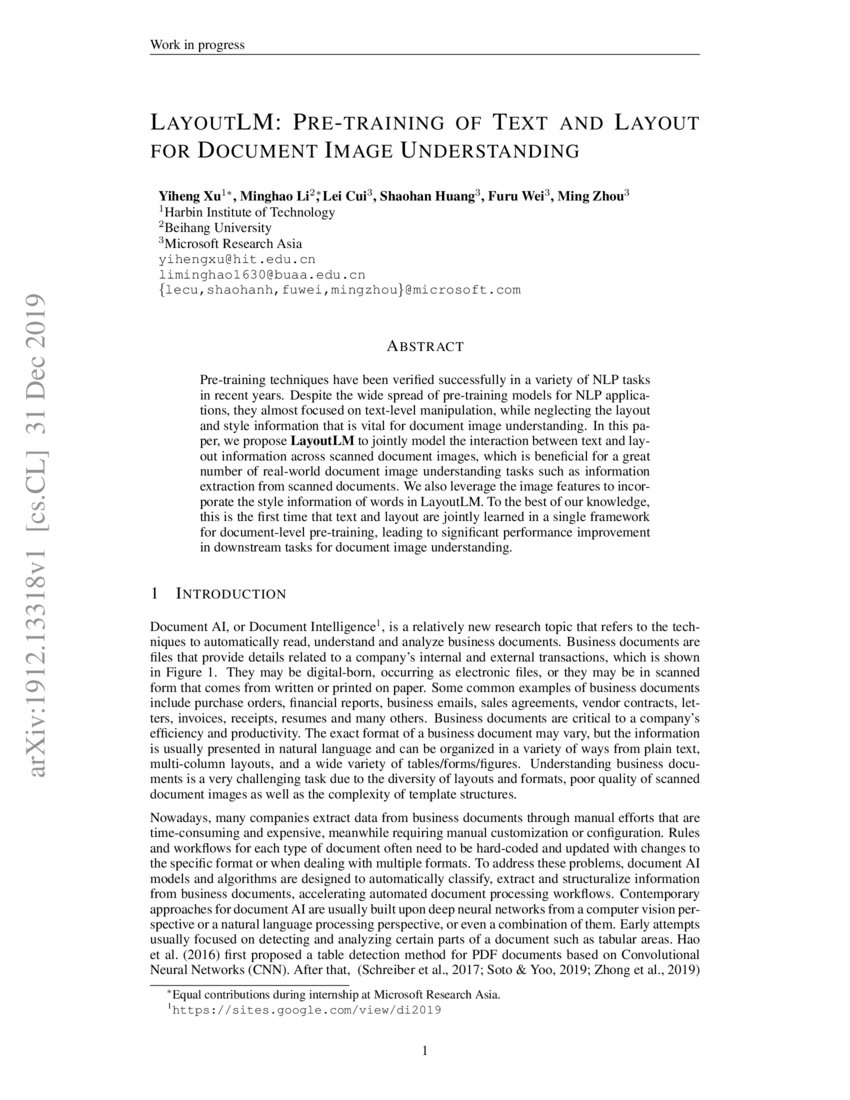 LayoutLM: Pre-training of Text and Layout for Document Image Understanding | DeepAI