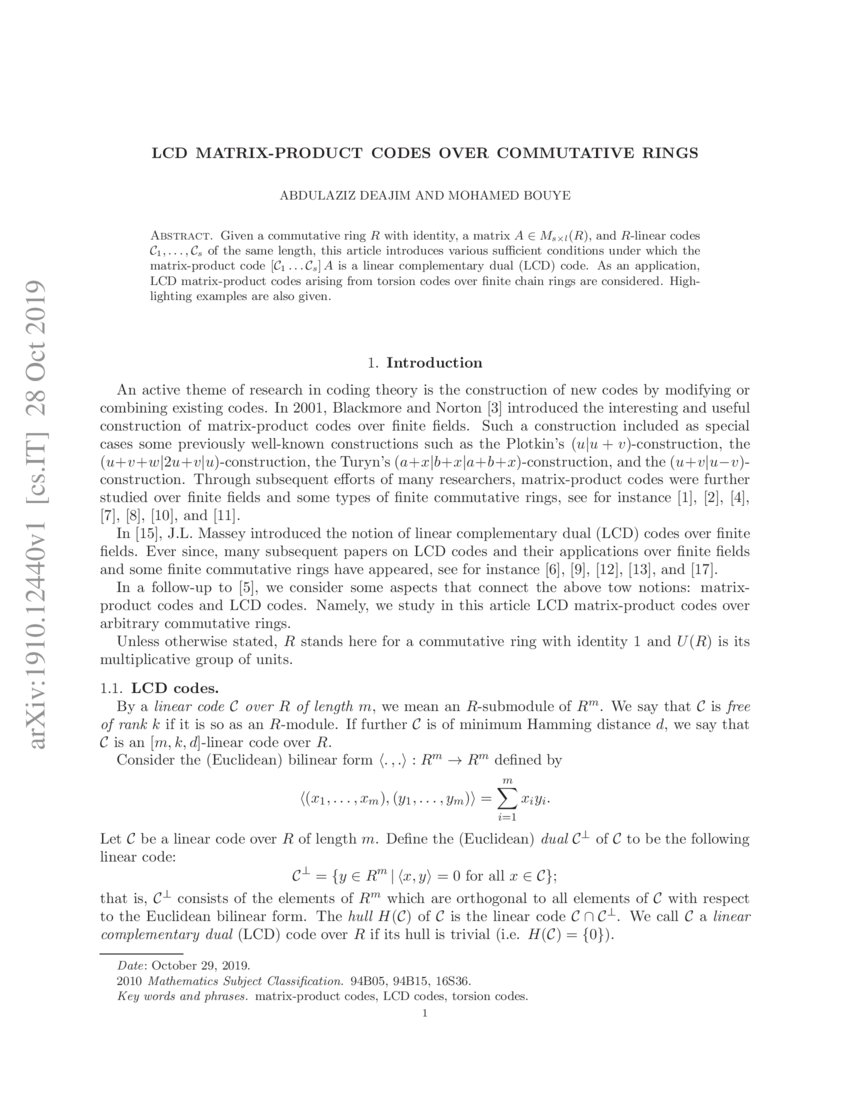 LCD Matrix-Product Codes over Commutative Rings | DeepAI