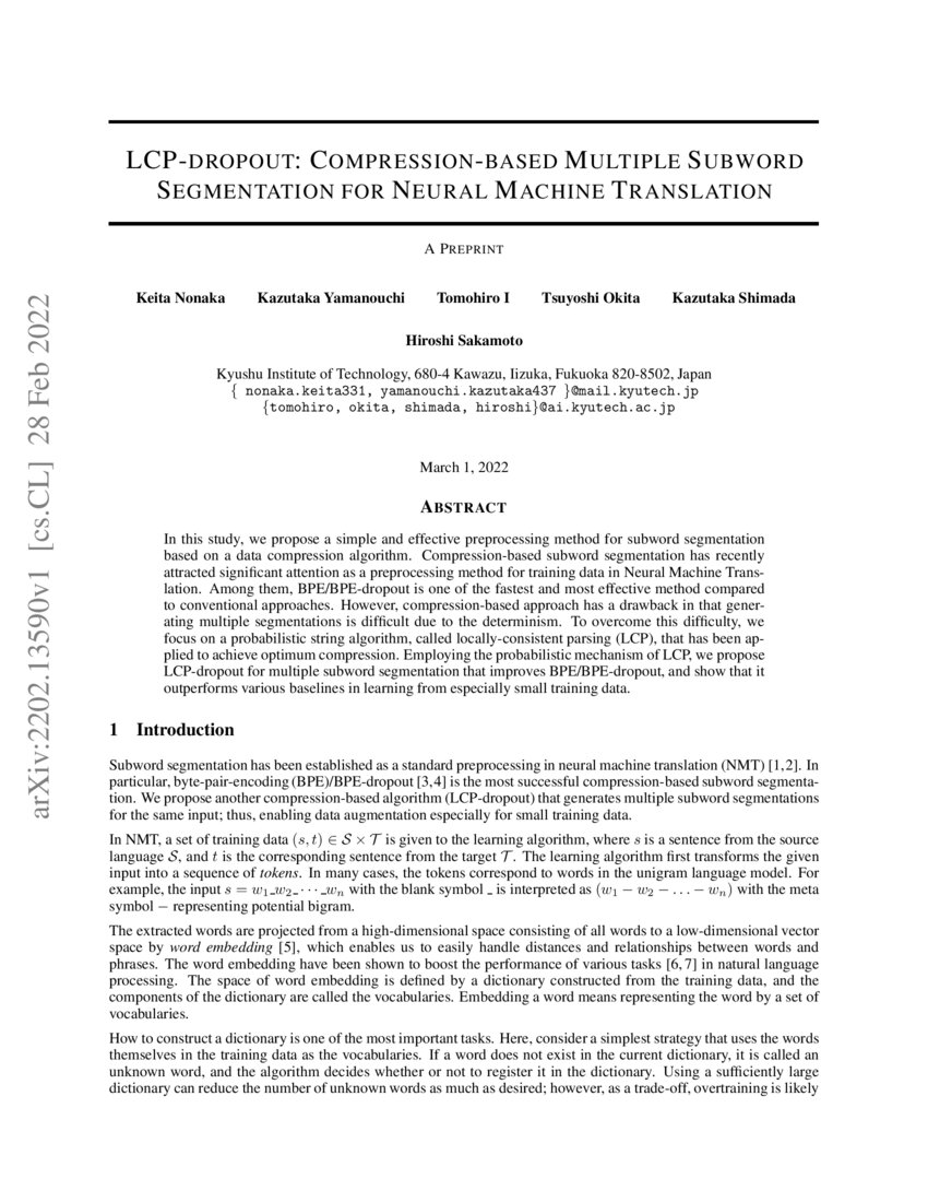 LCP-dropout: Compression-based Multiple Subword Segmentation for Neural Machine Translation | DeepAI
