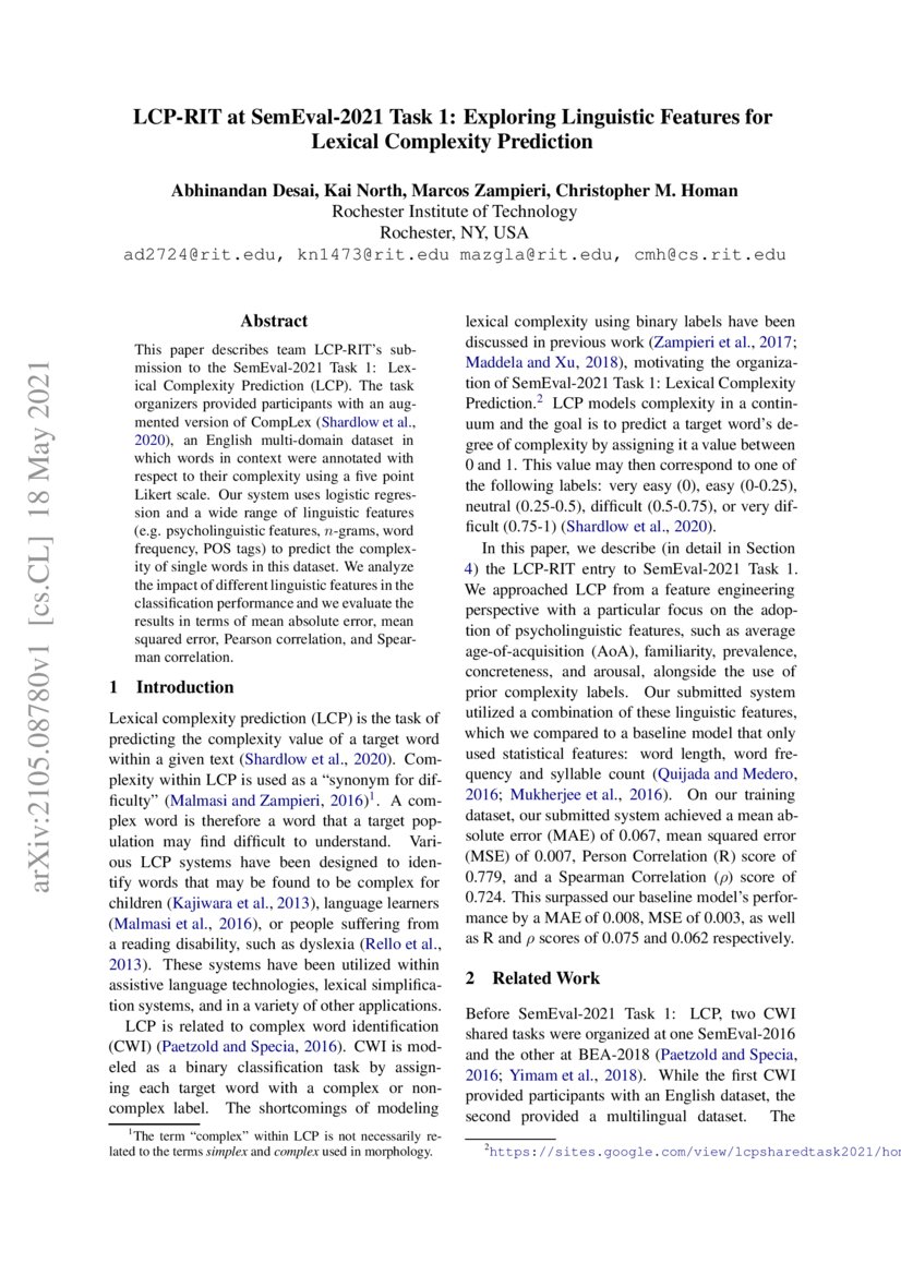 Lcp Rit At Semeval 2021 Task 1 Exploring Linguistic Features For Lexical Complexity Prediction
