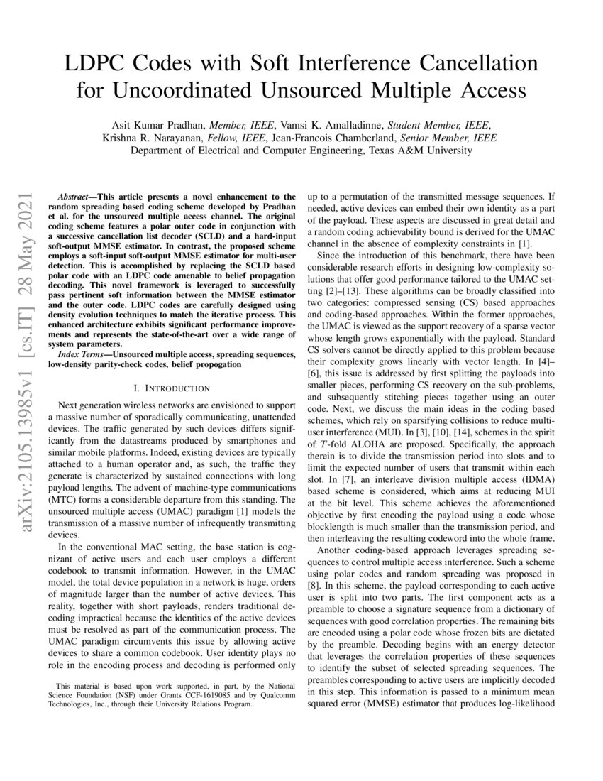 Ldpc Codes With Soft Interference Cancellation For Uncoordinated Unsourced Multiple Access Deepai