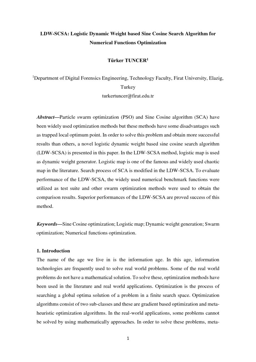 LDW-SCSA: Logistic Dynamic Weight based Sine Cosine Search Algorithm for Numerical Functions ...