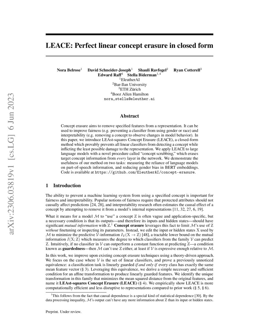 LEACE: Perfect linear concept erasure in closed form | DeepAI