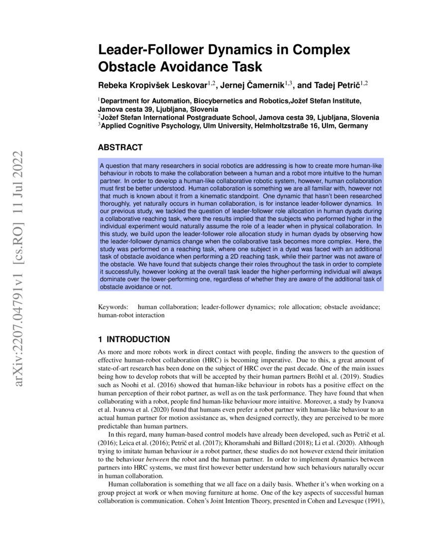 Leader-Follower Dynamics in Complex Obstacle Avoidance Task | DeepAI