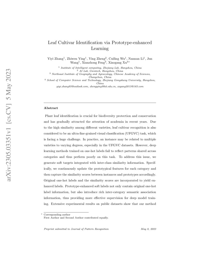 Leaf Cultivar Identification via Prototype-enhanced Learning | DeepAI