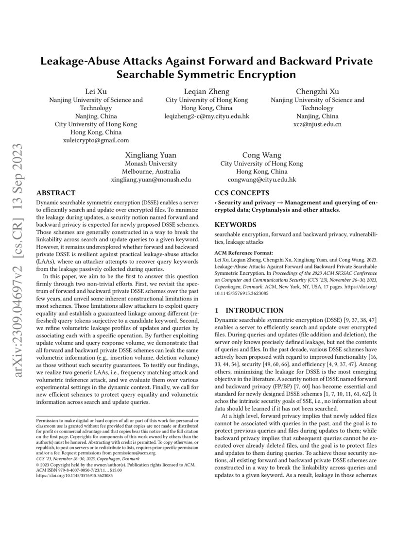 Leakage-Abuse Attacks Against Forward and Backward Private Searchable Symmetric Encryption | DeepAI