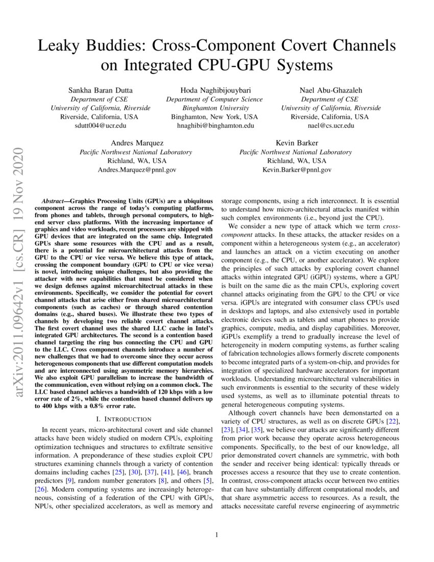 Leaky Buddies: Cross-Component Covert Channels on Integrated CPU-GPU Systems | DeepAI