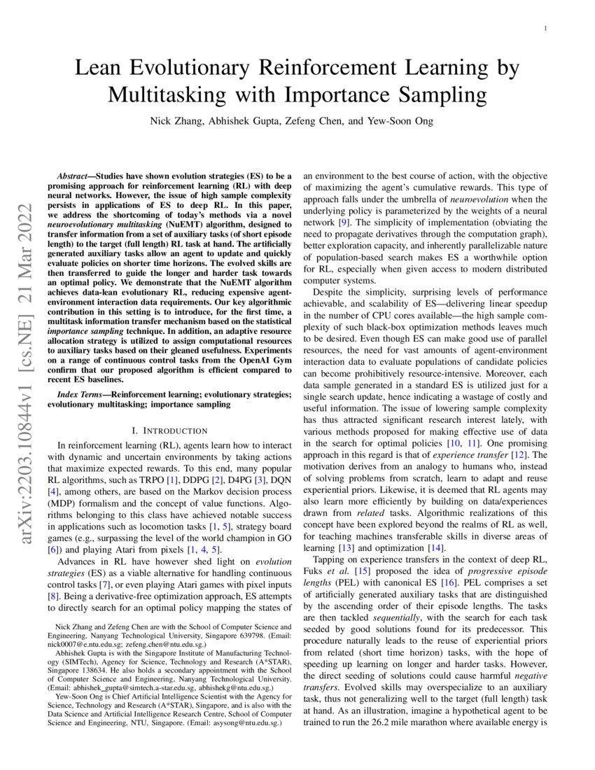 Lean Evolutionary Reinforcement Learning By Multitasking With Importance Sampling Deepai