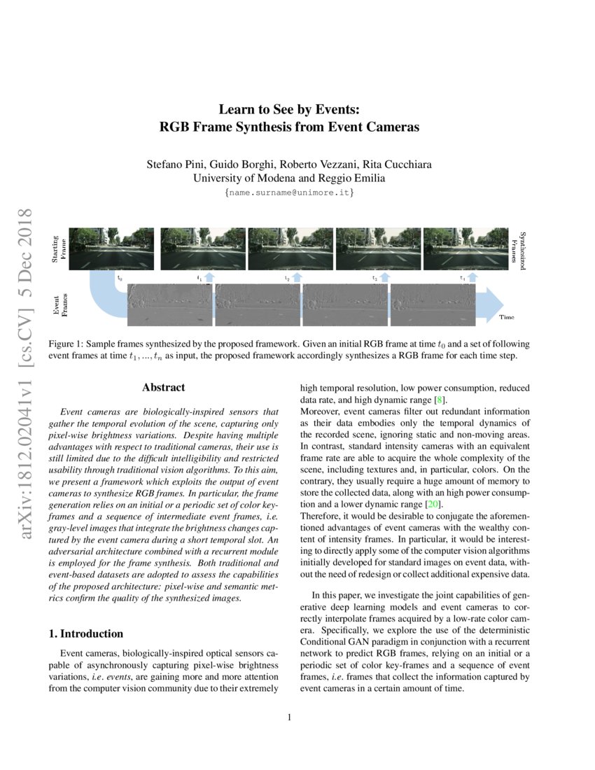 Learn to See by Events: RGB Frame Synthesis from Event Cameras | DeepAI