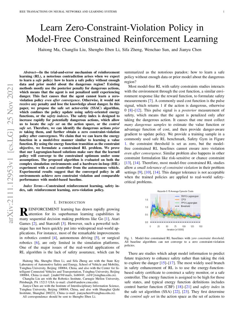 Learn Zero Constraint Violation Policy In Model Free Constrained Reinforcement Learning Deepai