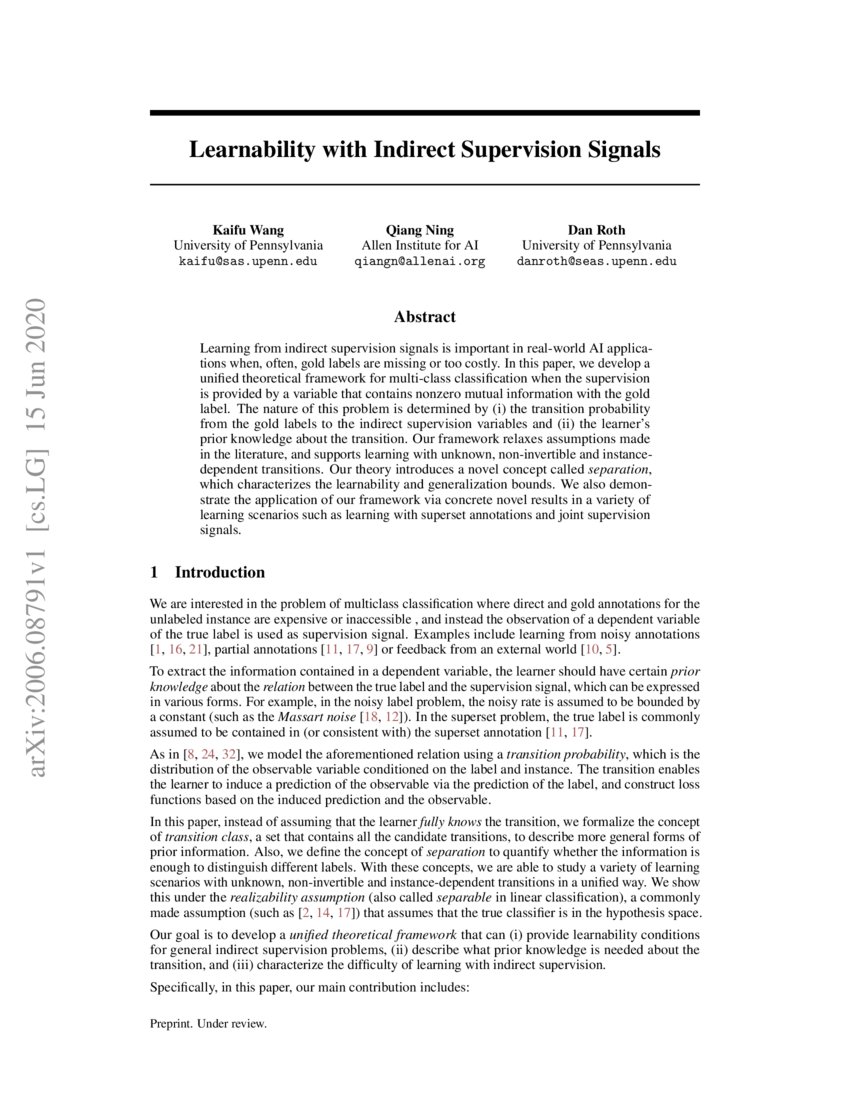Learnability with Indirect Supervision Signals | DeepAI