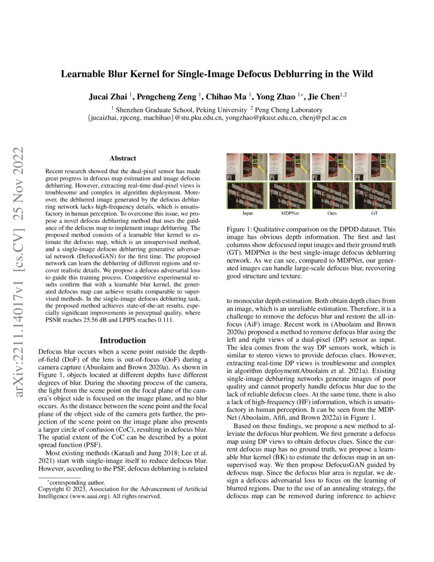 Learnable Blur Kernel For Single Image Defocus Deblurring In The Wild Deepai 6583