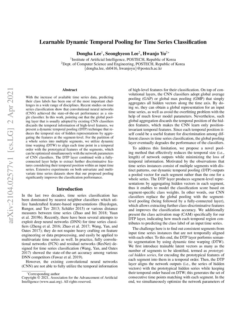 Learnable Dynamic Temporal Pooling For Time Series Classification Deepai