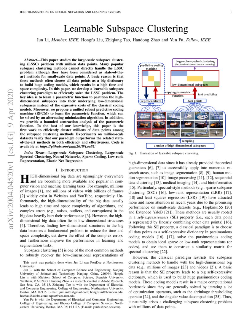 Learnable Subspace Clustering | DeepAI