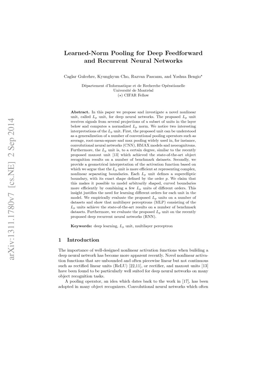 Learned-Norm Pooling for Deep Feedforward and Recurrent Neural Networks | DeepAI