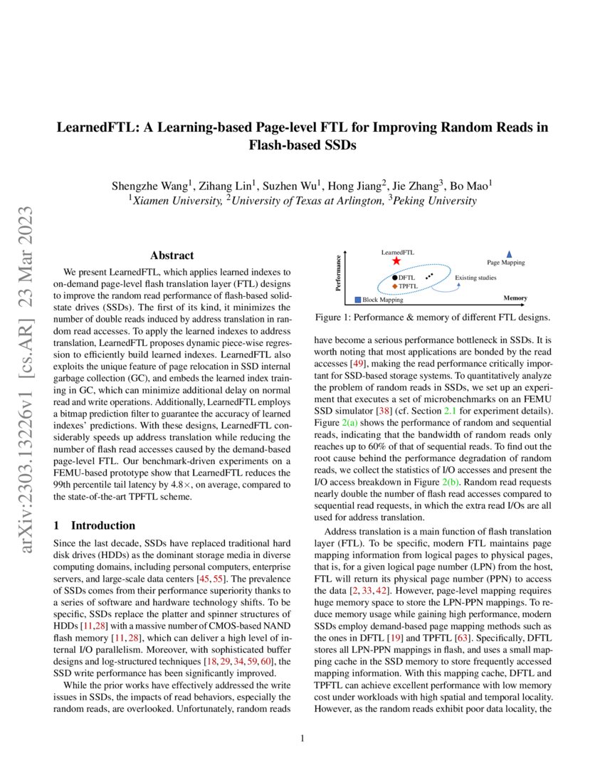 Learnedftl A Learning Based Page Level Ftl For Improving Random Reads In Flash Based Ssds Deepai