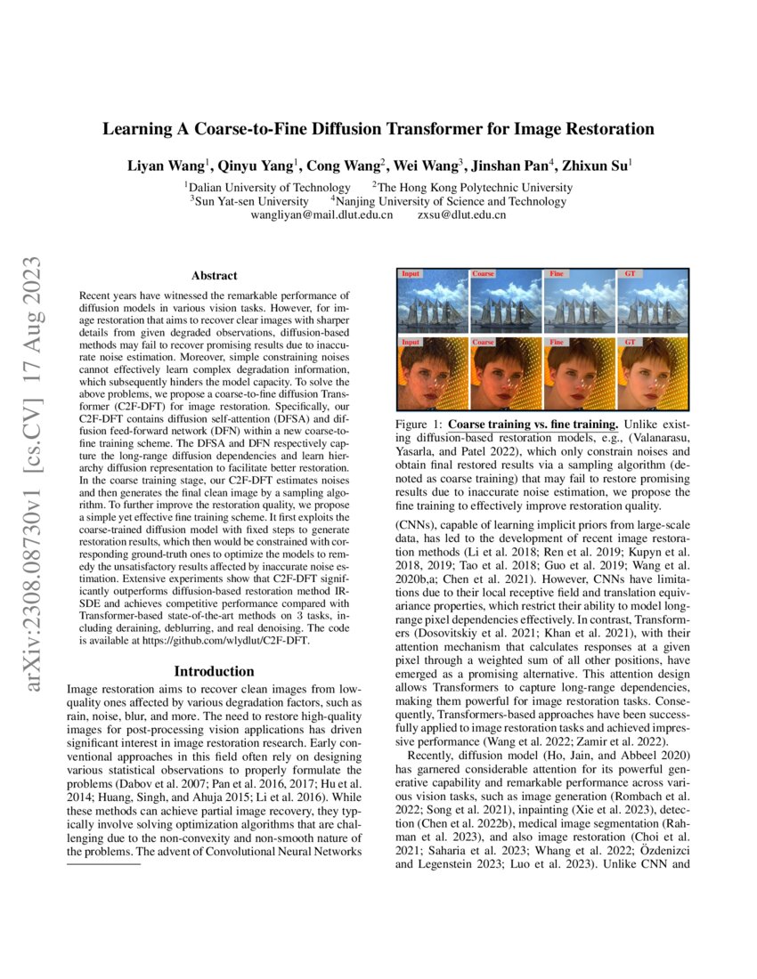 Learning A Coarse-to-Fine Diffusion Transformer for Image Restoration ...