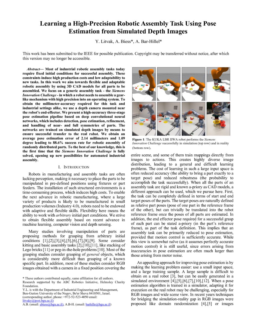 Learning a High-Precision Robotic Assembly Task Using Pose Estimation from Simulated Depth ...