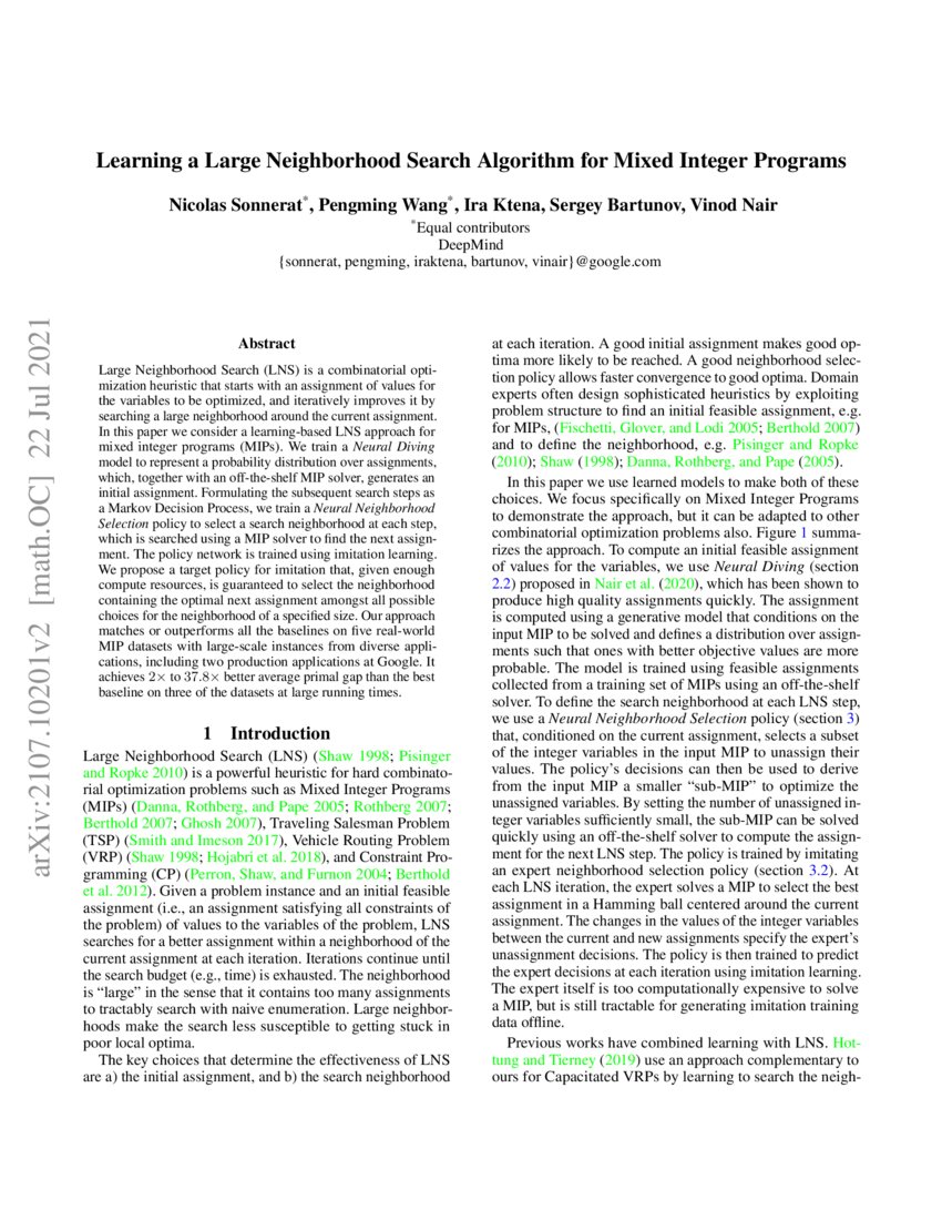 Learning A Large Neighborhood Search Algorithm For Mixed Integer Programs Deepai 0509