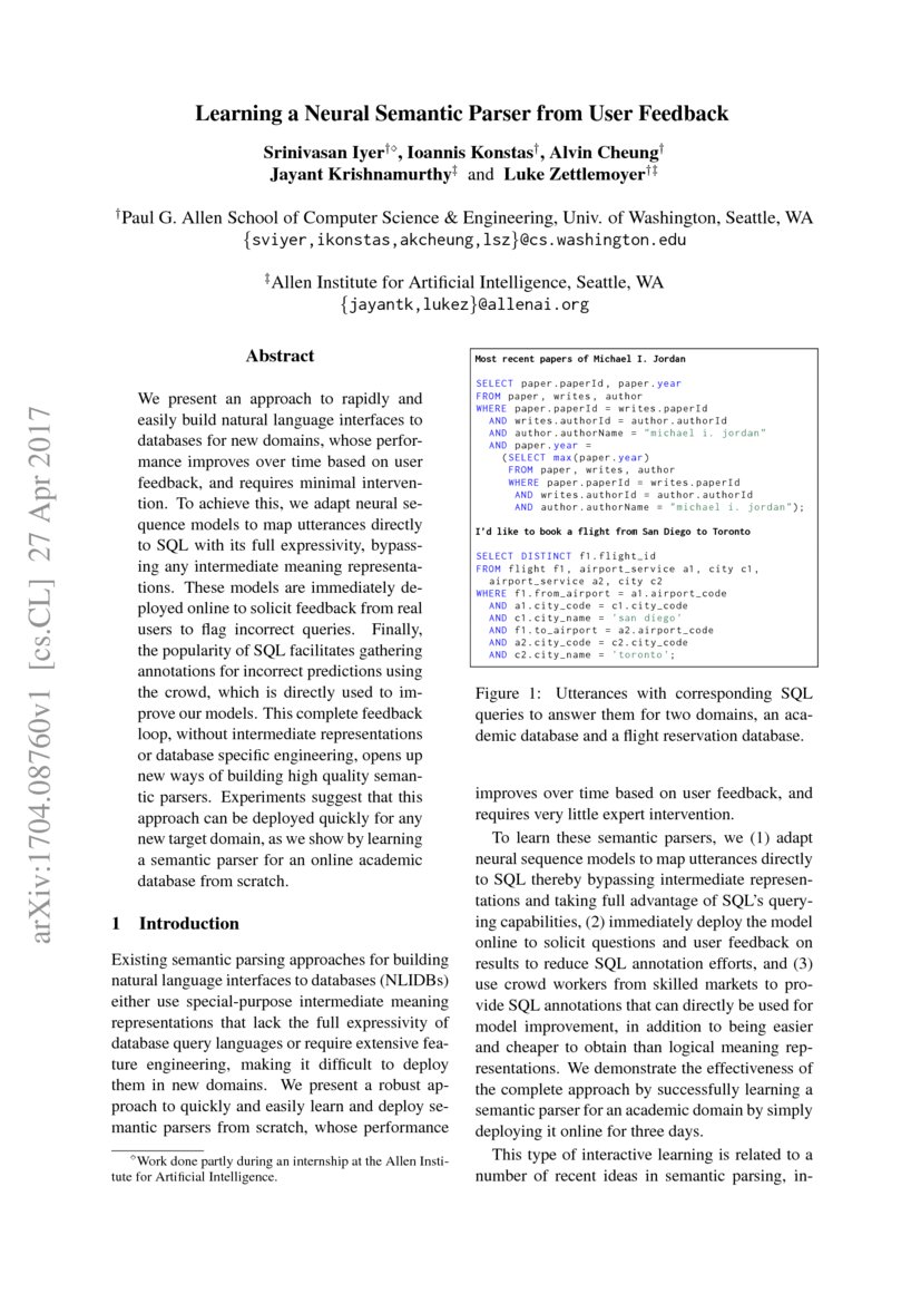 Learning a Neural Semantic Parser from User Feedback | DeepAI