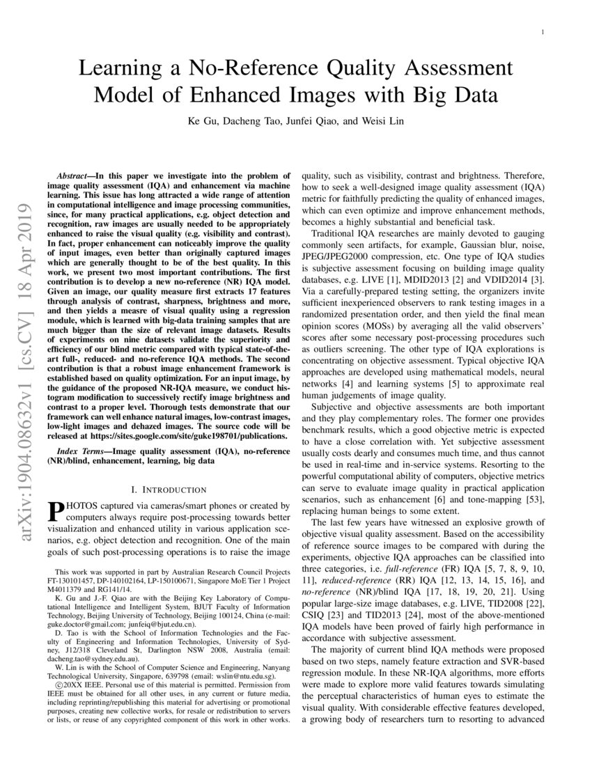 Learning A No Reference Quality Assessment Model Of Enhanced Images With Big Data Deepai