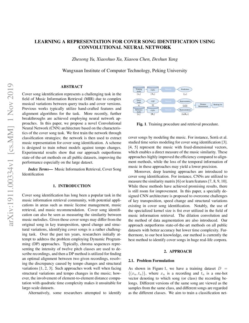 Learning a Representation for Cover Song Identification Using Convolutional Neural Network | DeepAI