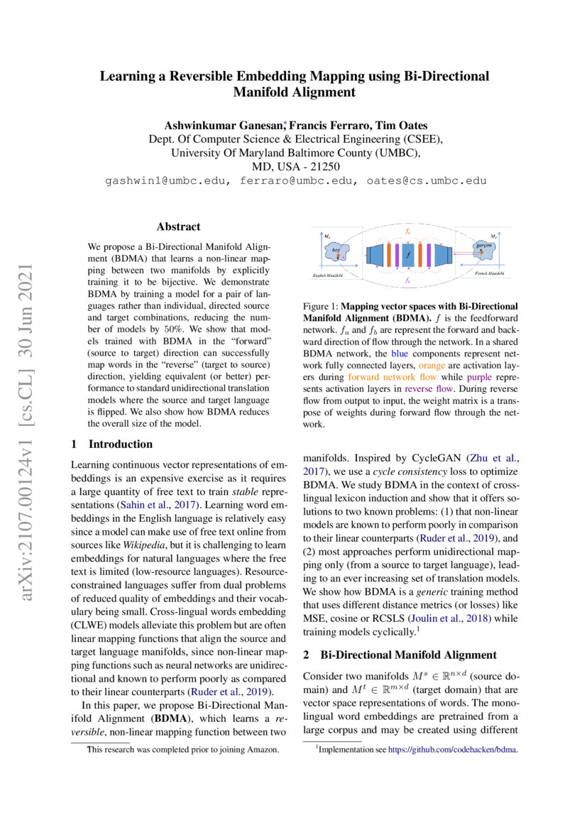Learning a Reversible Embedding Mapping using Bi-Directional Manifold Alignment | DeepAI
