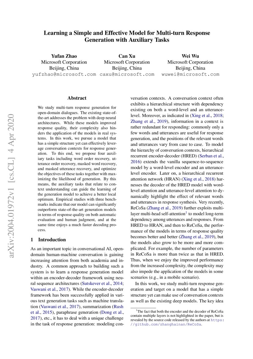 Learning A Simple And Effective Model For Multi Turn Response Generation With Auxiliary Tasks 