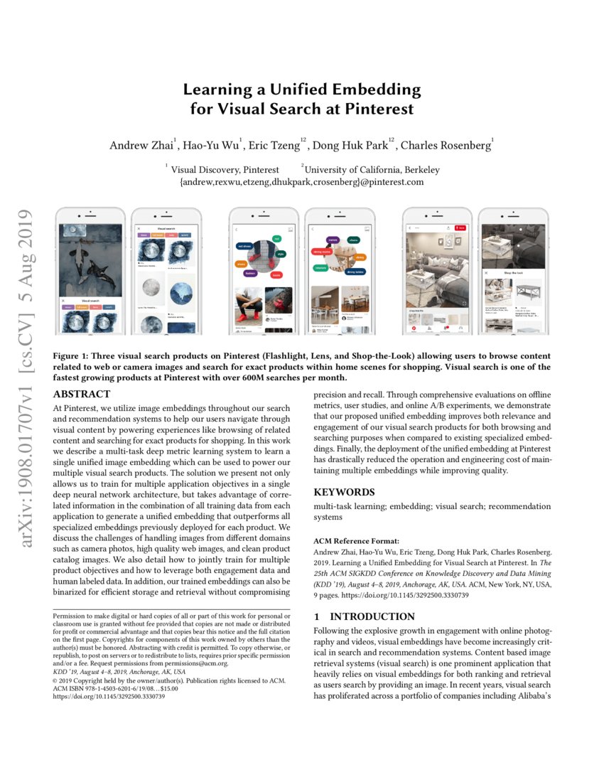 Learning a Unified Embedding for Visual Search at Pinterest | DeepAI