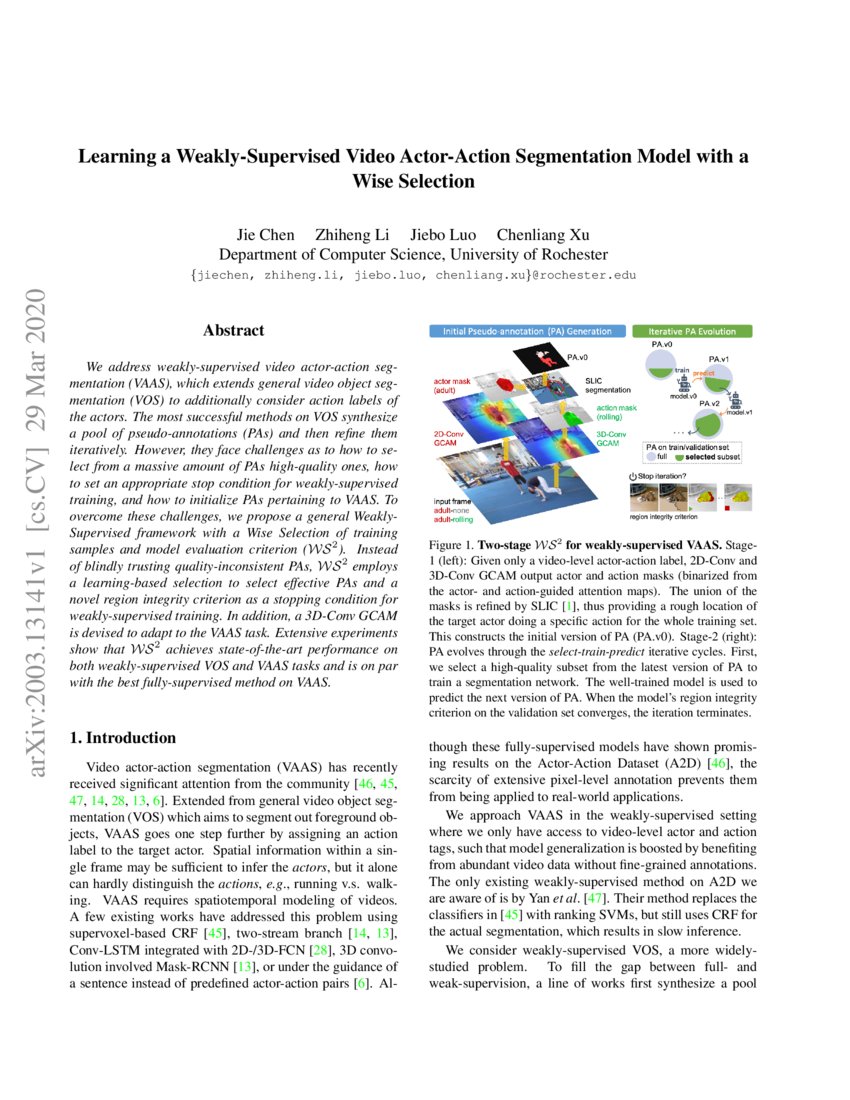 Learning a Weakly-Supervised Video Actor-Action Segmentation Model with a Wise Selection | DeepAI