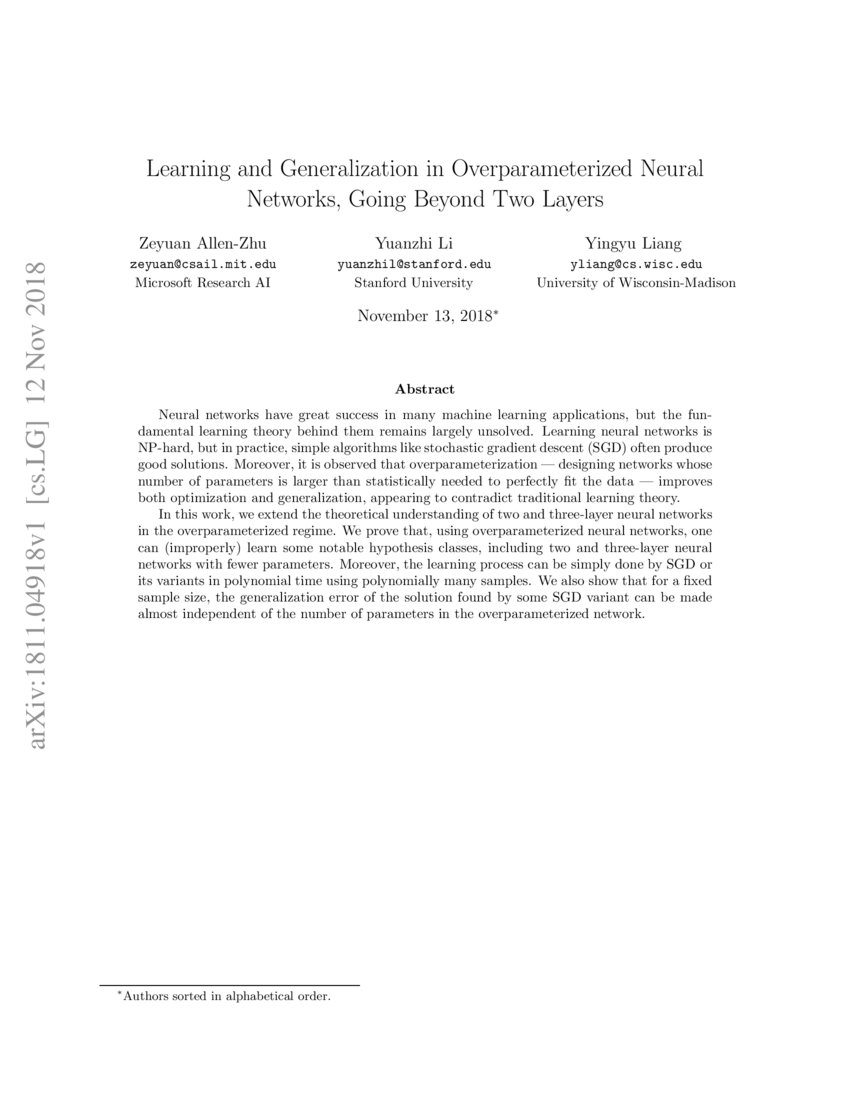 Learning And Generalization In Overparameterized Neural Networks Going Beyond Two Layers Deepai 