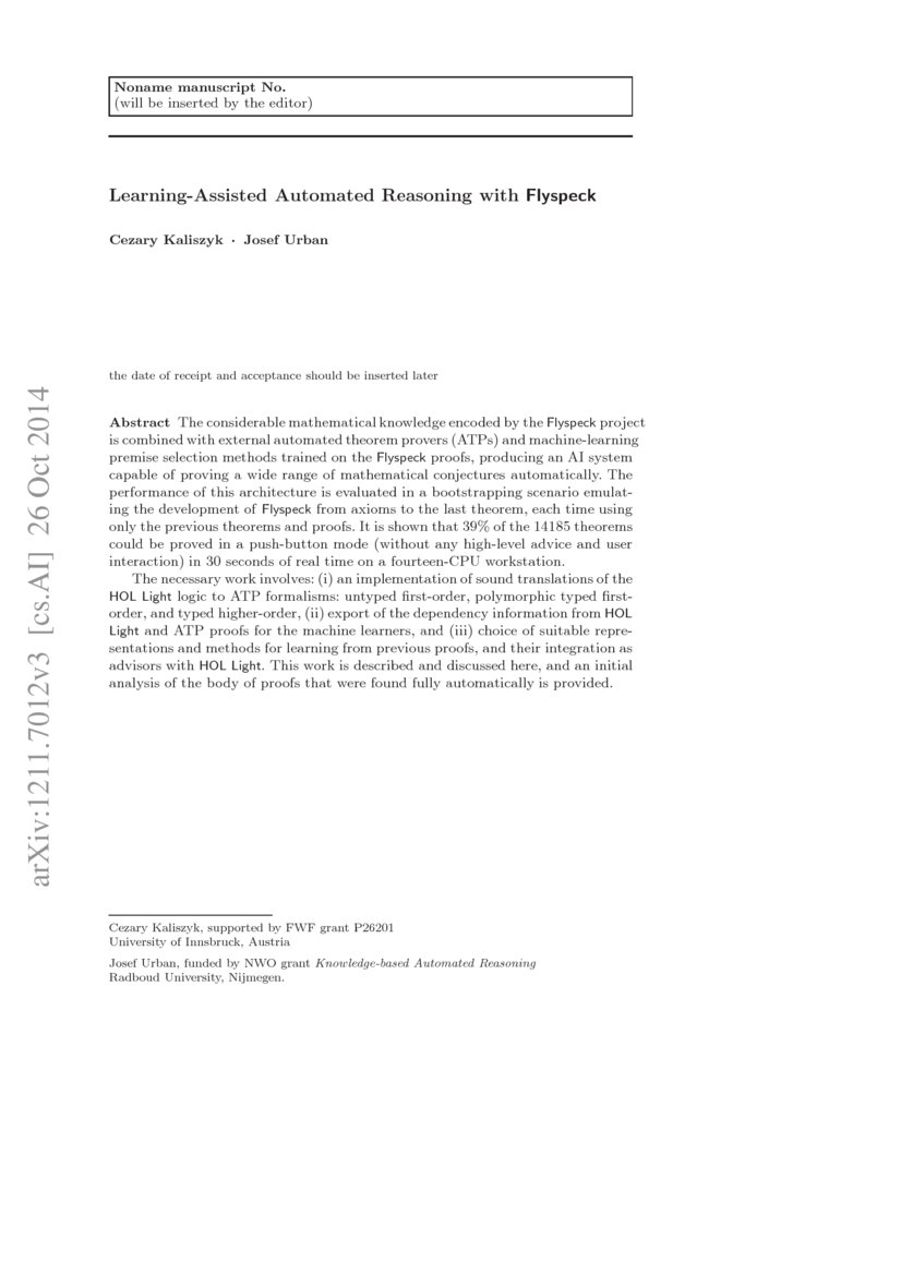 Learning-Assisted Automated Reasoning with Flyspeck | DeepAI