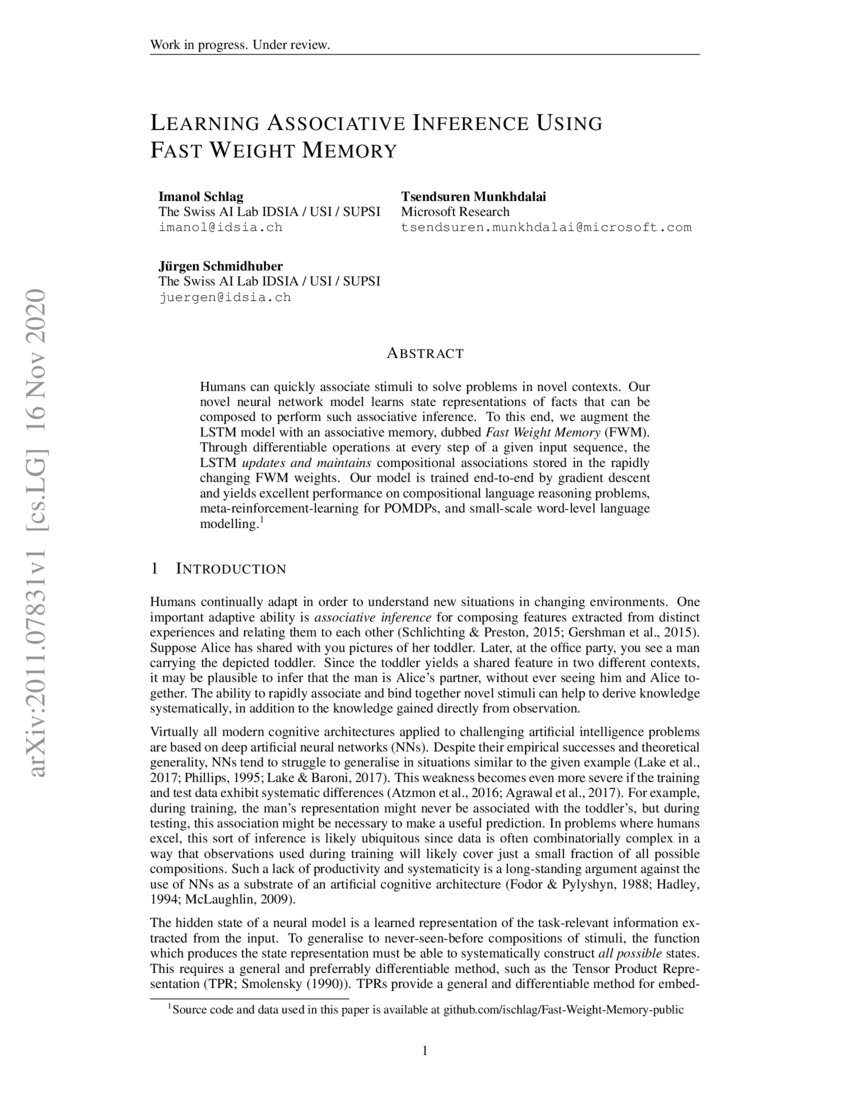 Learning Associative Inference Using Fast Weight Memory | DeepAI